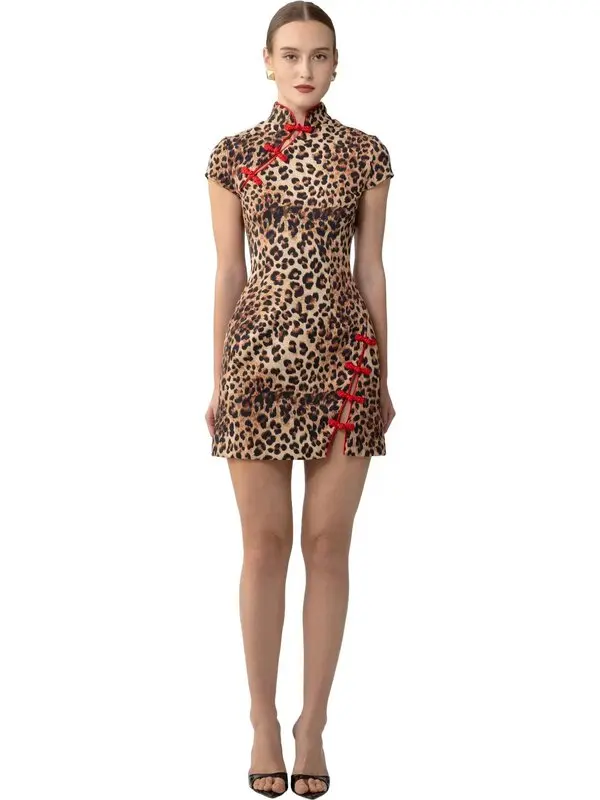 SAU LEE Print Mandarin Collar Mini Dress - Leopard