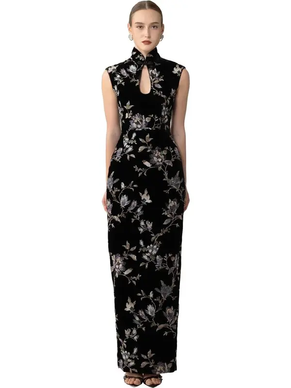 SAU LEE Liliana Velvet Dress With Mandarin Collar And Floral Embroidery - Black