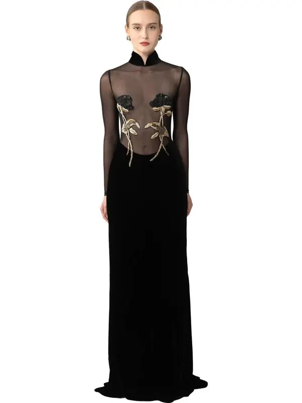 SAU LEE Uma Velvet Gown With Hand-beaded Floral Appliqu - Black