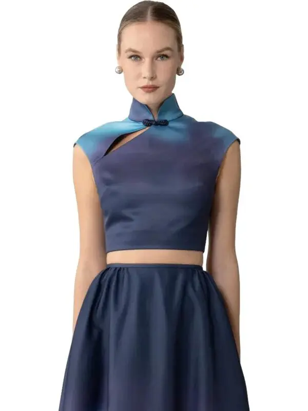 SAU LEE Mai Mandarin Collar Knot Detail Cropped Satin Top - Blue Multi