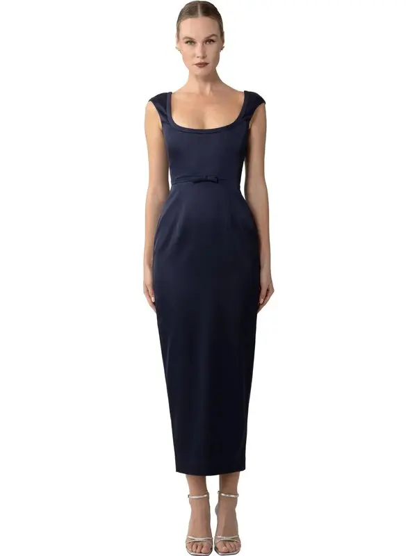 SAU LEE Meadow Midi Dress With Bow Detail - Midnight Blue
