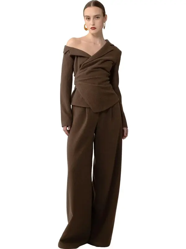 SAU LEE Neve Wool Blend Wide Leg Tailored Trousers - Espresso