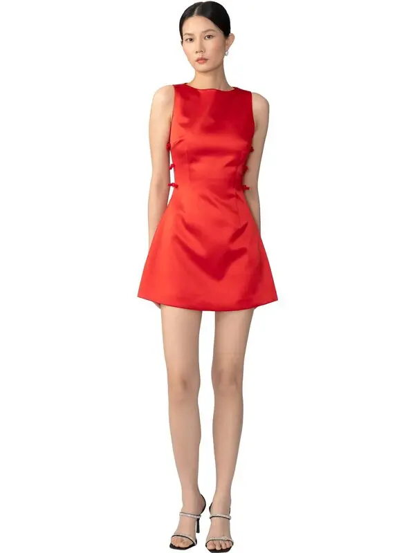 SAU LEE Terri Satin Mini Dress With Velvet Bows - Red