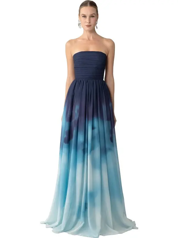 SAU LEE Camille Strapless Chiffon Maxi Gown - Blue Multi