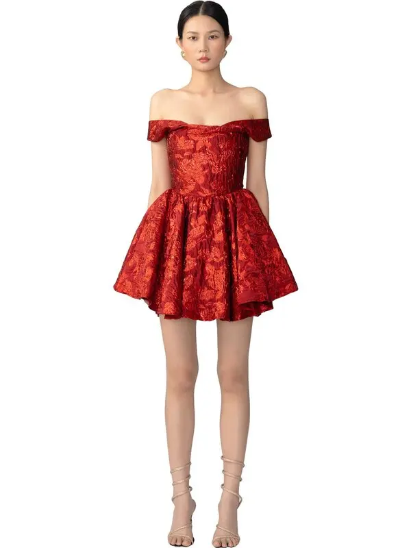 SAU LEE Jem Brocade Off-shoulder Mini Dress - Red