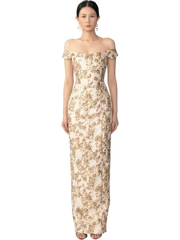 SAU LEE Joanna Jacquard Gown - Pale Gold
