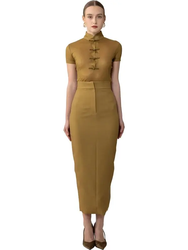 SAU LEE Niki Crepe Pencil Skirt - Golden Olive