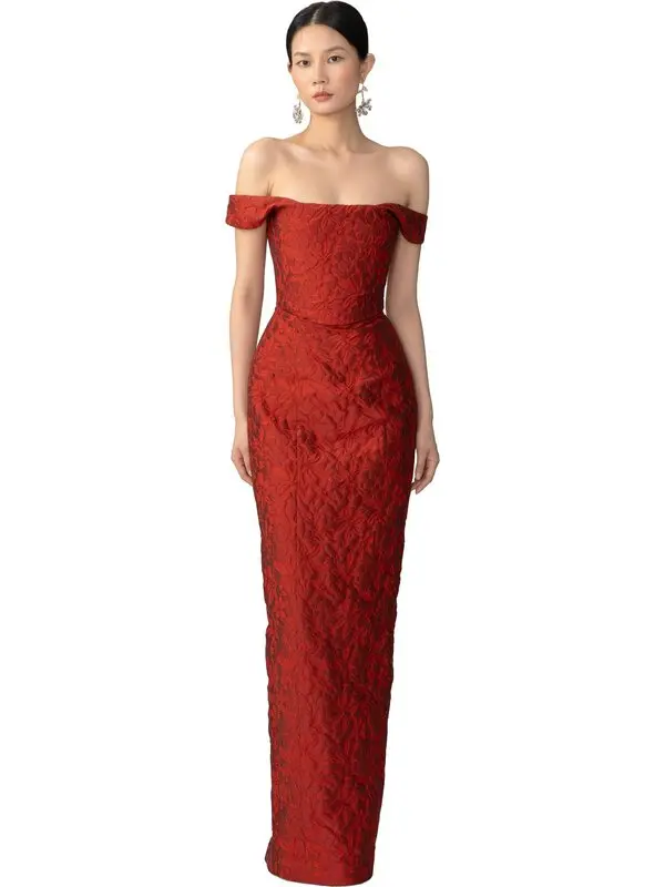 SAU LEE Joanna Jacquard Gown - Burnt Red