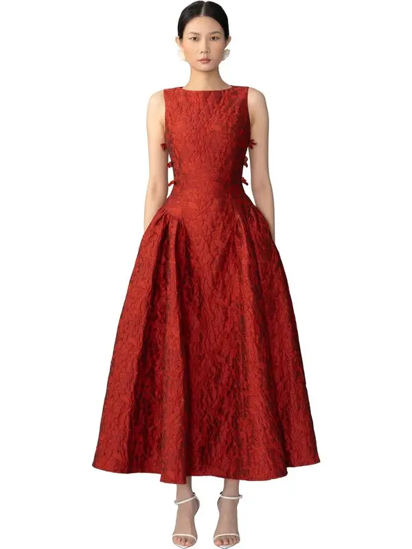 SAU LEE Francesca Jacquard Gown - Burnt Red