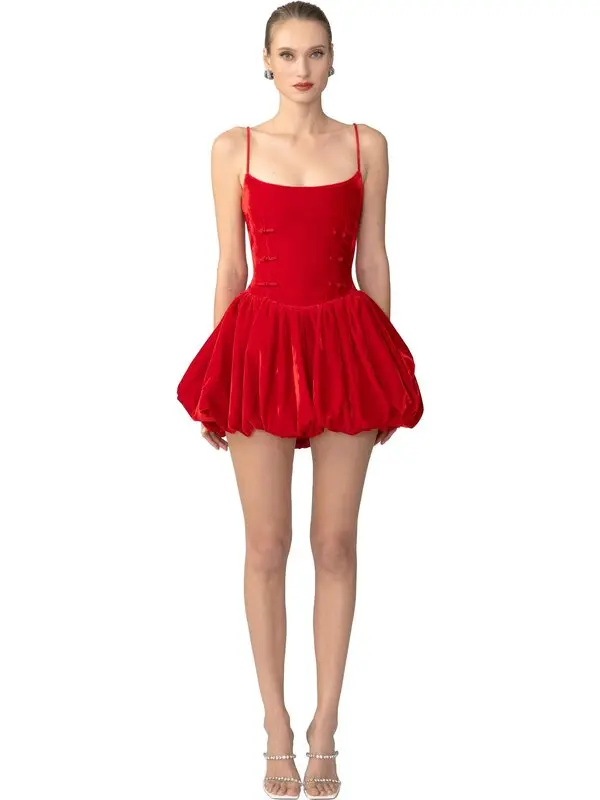 SAU LEE Miley Velvet Mini Dress With Corset Bodice And Bubble Skirt - Red
