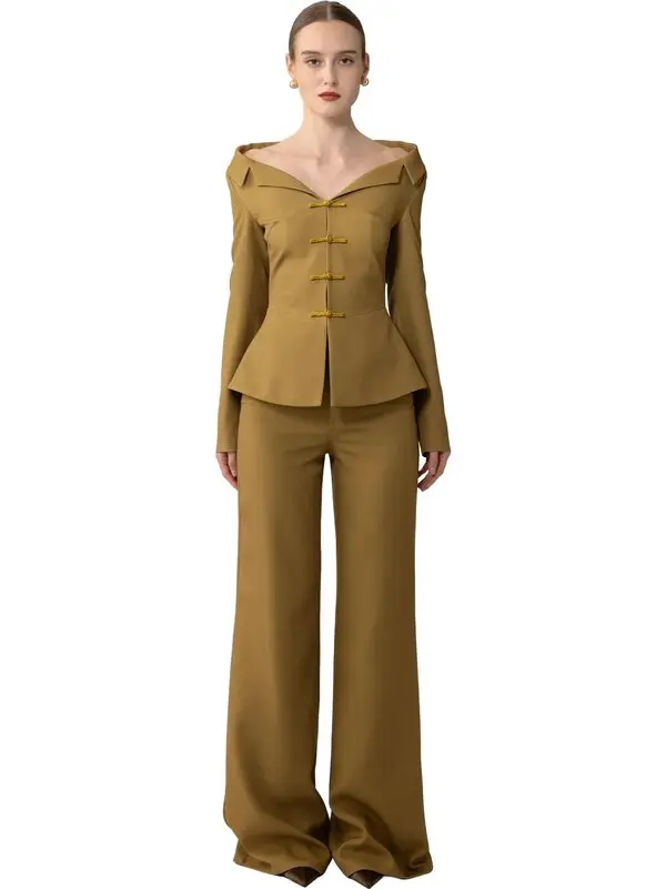 SAU LEE High-waisted Crepe Wide-leg Trousers - Golden Olive