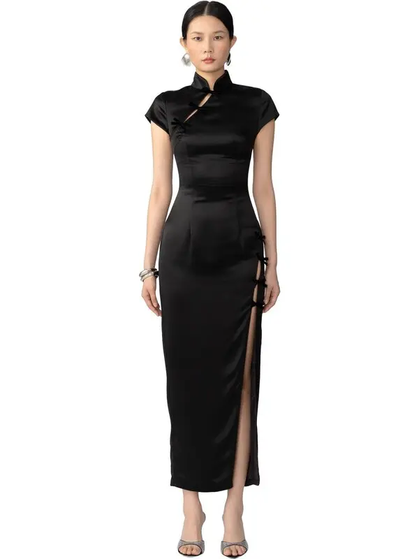 SAU LEE Tamara Satin Midi Dress - Black