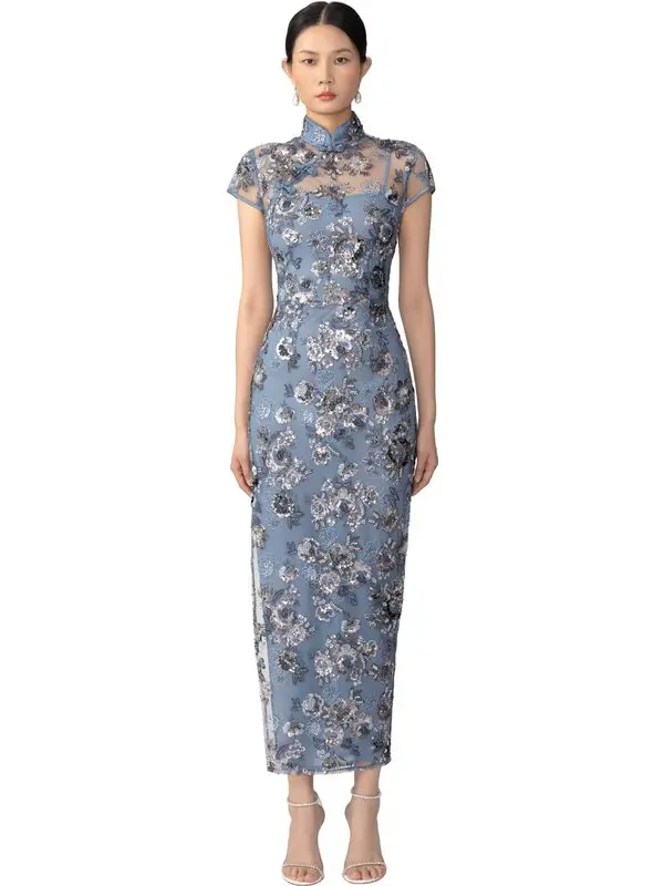 SAU LEE Adriana Embroidered Midi Dress - Misty Blue