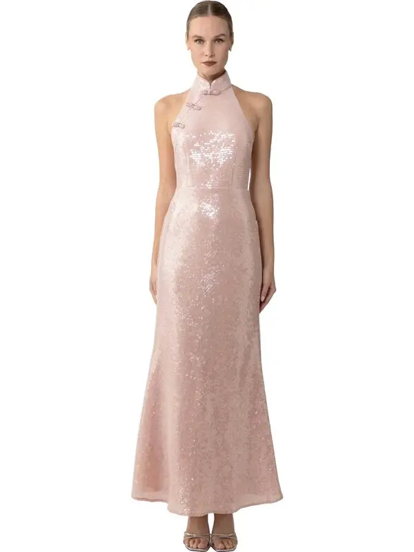 SAU LEE Ophelia Sequined Halter Neck Gown - Misty Pink