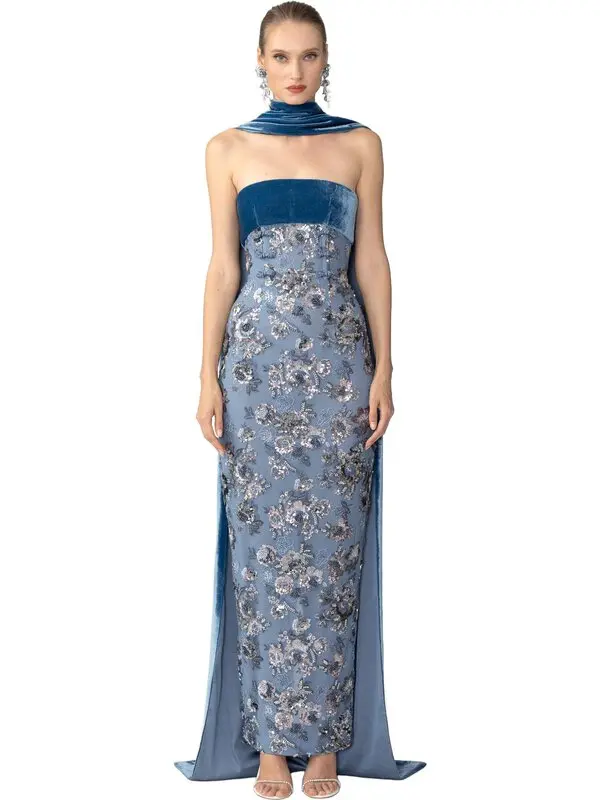 SAU LEE Adrian Embroidered Gown - Misty Blue