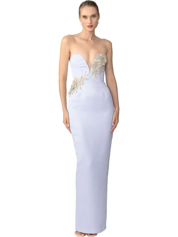 SAU LEE Luna Satin Gown With Sweetheart Neckline And Floral Appliqu - Frost Blue