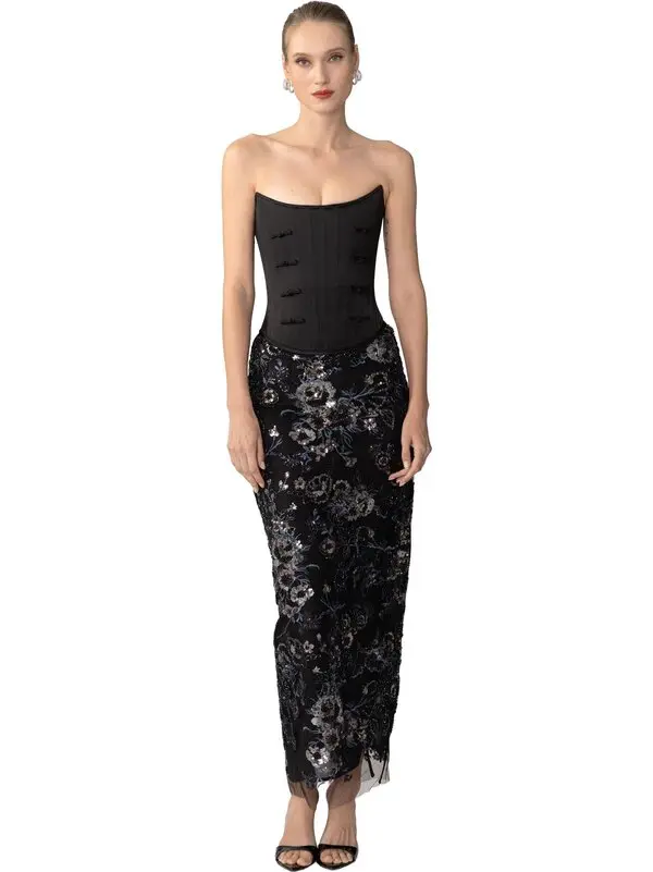 SAU LEE Arielle Embroidered Midi Skirt - Black