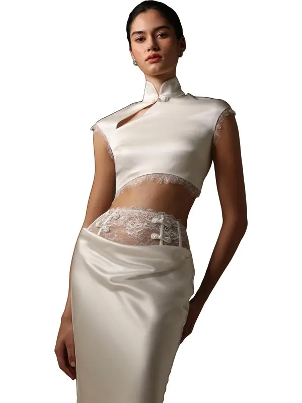 SAU LEE Lila Satin Cropped Top With Chantilly Lace Trim - Ivory