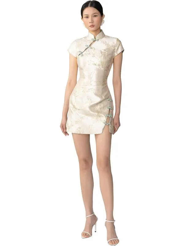 SAU LEE Jada Jacquard Mini Dress With Mandarin Collar And Cap Sleeves - Silver Mint