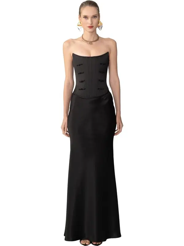 SAU LEE Della Satin Maxi Skirt - Black
