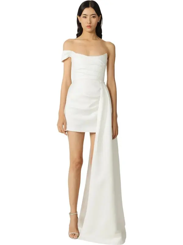 SAU LEE Brenda Mini Dress With Off-shoulder Neckline And Detachable Train - White