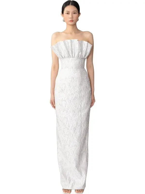 SAU LEE Strapless Jacquard Gown With Ruffle Detail - Silver
