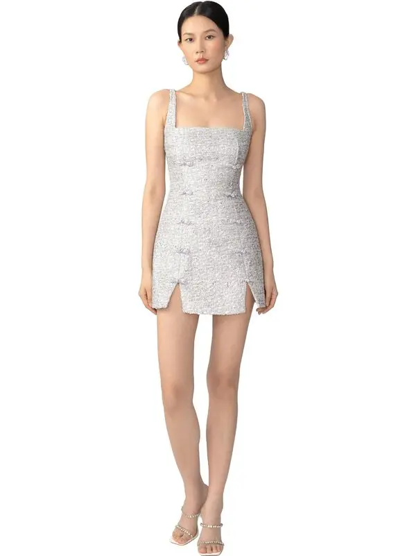 SAU LEE Aidan Tweed Mini Dress With Pipa Knots - Silver