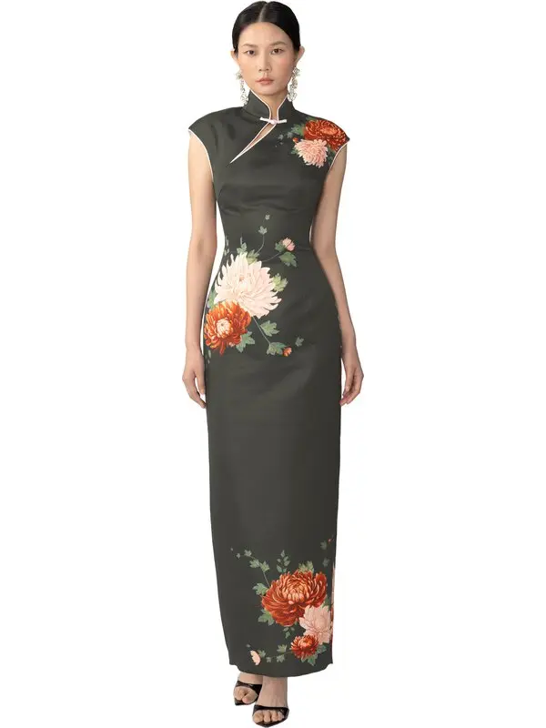 SAU LEE Dorit Maxi Dress With Mandarin Collar And Floral Print - Darkmoss