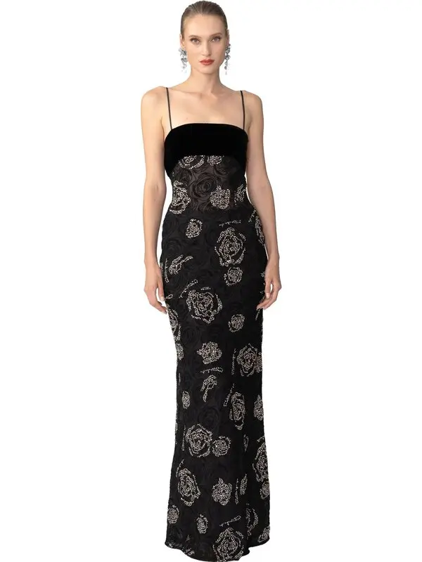 SAU LEE Celeste Embroidered Gown - Black
