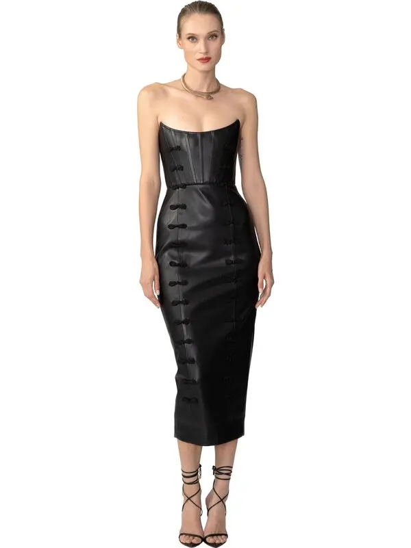 SAU LEE Juno Strapless Faux Leather Midi Dress - Black
