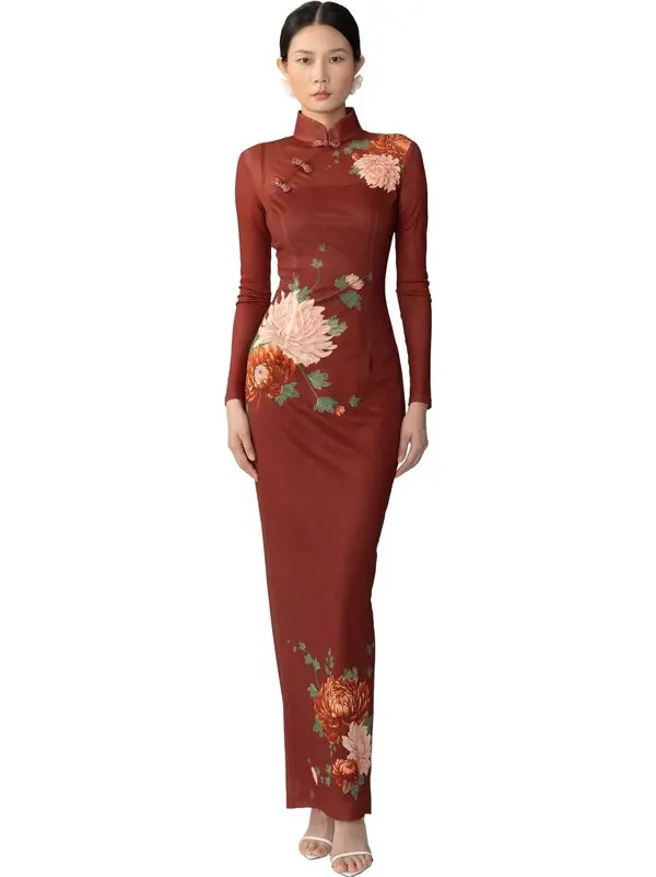 SAU LEE Kaia Printed Mesh Maxi Dress With Mandarin Collar - Auburn