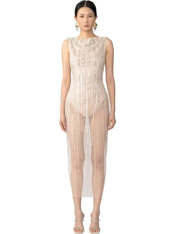 SAU LEE Marci Embellished Beaded Maxi Dress - White