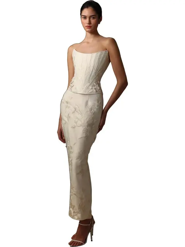 SAU LEE Sutton Embroidered Satin Midi Skirt - White