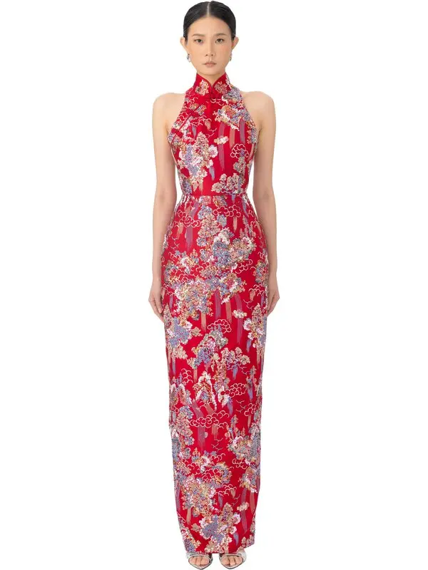 SAU LEE Jillian Embroidered Gown - Red