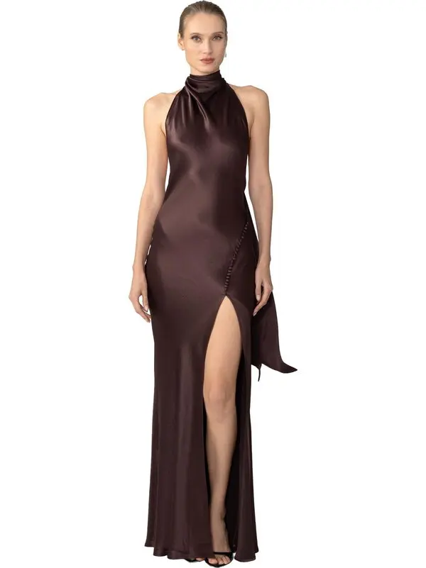 SAU LEE Penelope Backless Satin Gown - Mocha