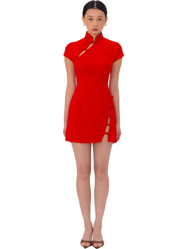SAU LEE Iris Mini Dress With Pipa Knots - Red