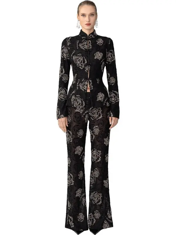 SAU LEE Azalea Embroidered Flare Pants - Black