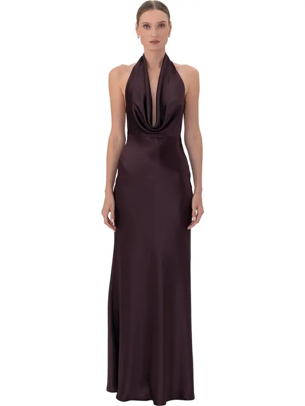 SAU LEE Pearl Satin Halterneck Gown - Espresso