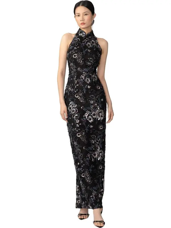 SAU LEE Arielle Embroidered Halterneck Maxi Dress - Black