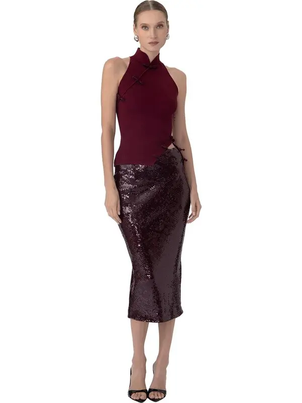 SAU LEE Venus Sequin Midi Skirt - Oxblood