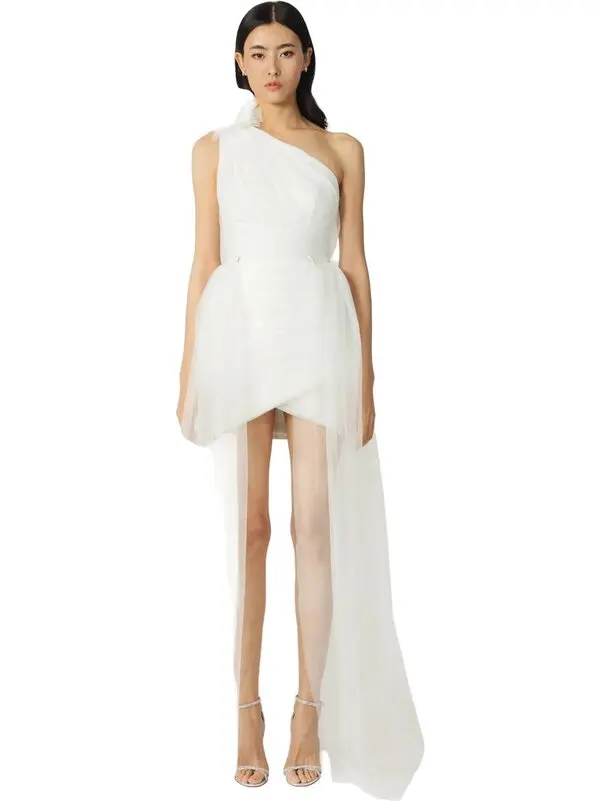 SAU LEE Sidney One-shoulder Mini Dress With Tulle Train - White