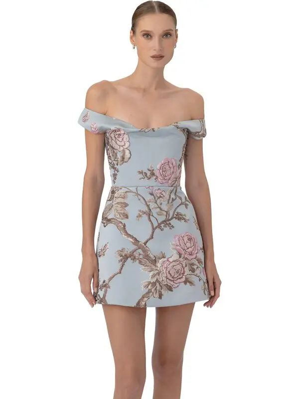 SAU LEE Bruna Brocade Off-the-shoulder Mini Dress - Blue Ash