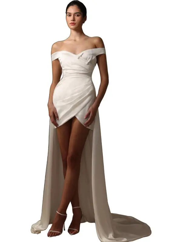 SAU LEE Vittoria Satin Off-the-shoulder Mini Dress With Draped Details And Removable Train - Ivory