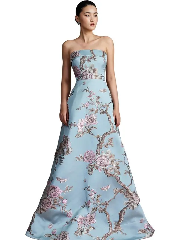 SAU LEE Jordana Brocade Gown - Blue Ash