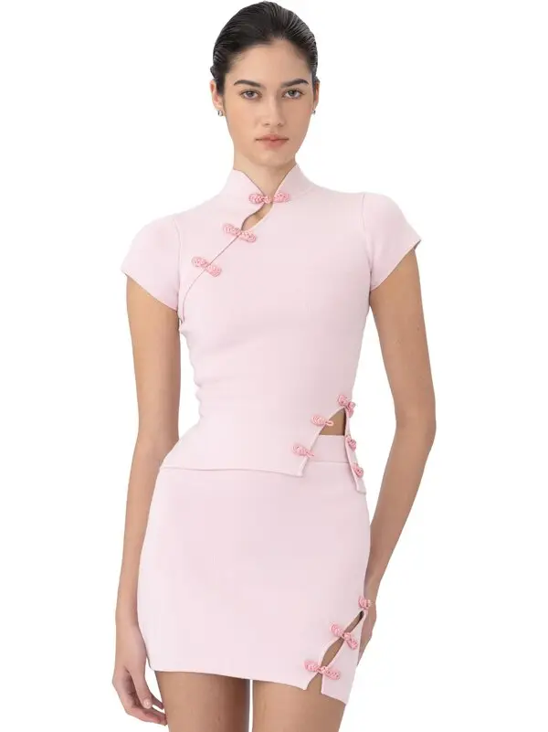 SAU LEE Chase Knit Top With Cap Sleeves And Pipa Knots - Pastel Pink