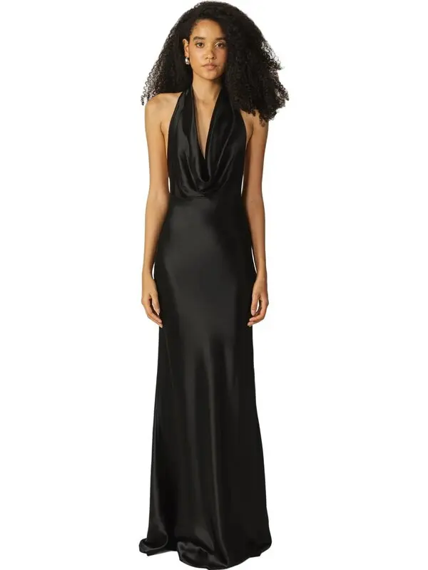 SAU LEE Halterneck Satin Gown With Drape Detail - Black