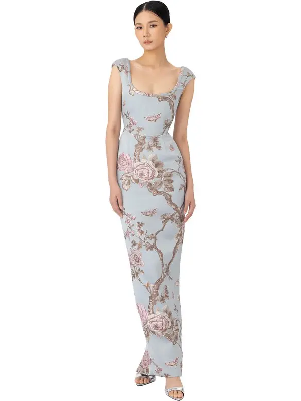 SAU LEE Brooke Brocade Gown - Blue Ash