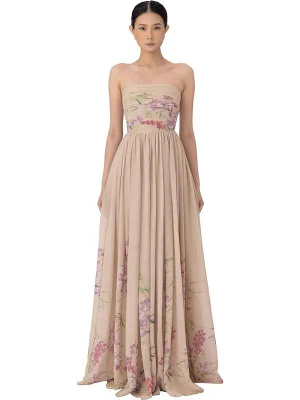 SAU LEE Camille Strapless Maxi Dress With Carnation Print - Soft Clay