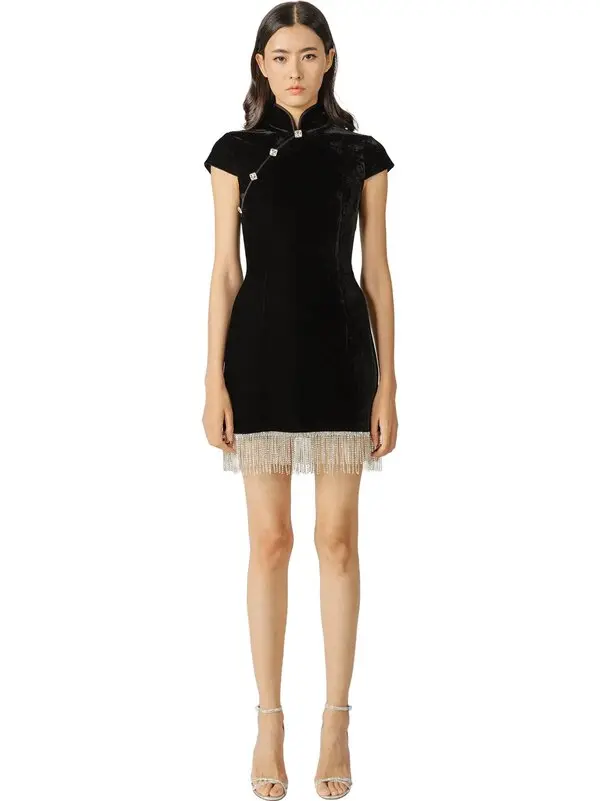SAU LEE Margaux Velvet Mini Dress With Crystal Tassels - Black
