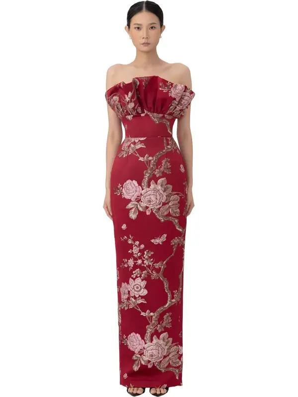 SAU LEE Noah Brocade Gown - Red Sangria